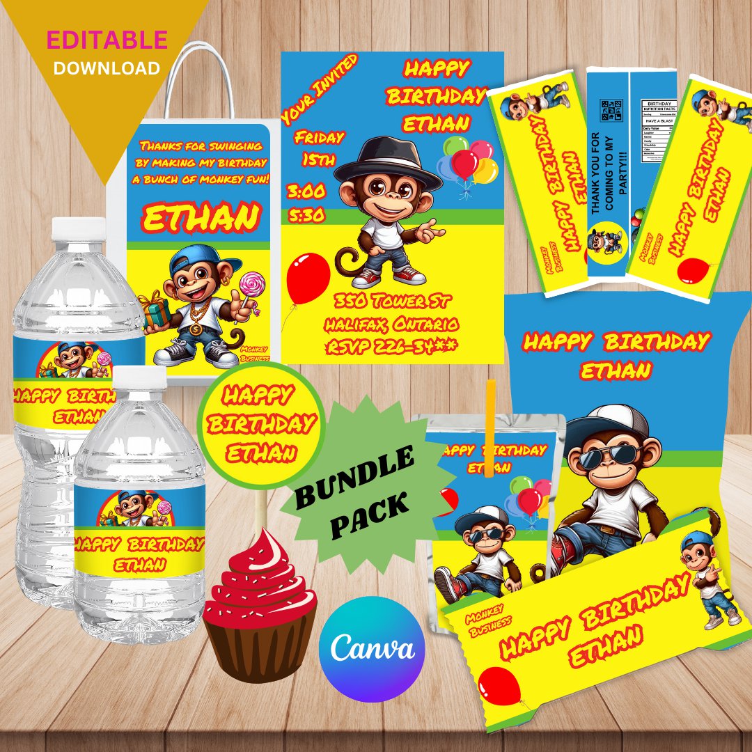 Monkey Themed Birthday Bundle Editable, Instant Download