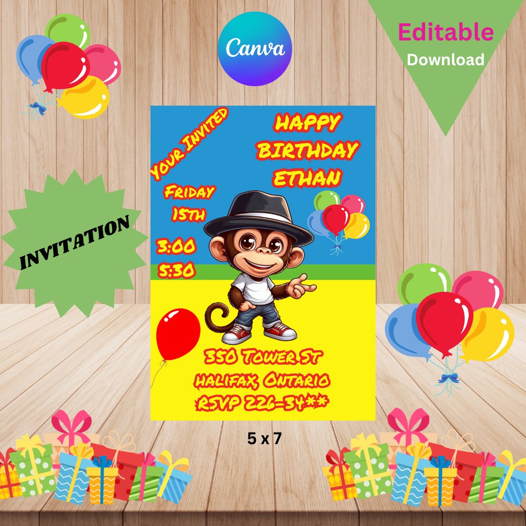 Monkey Themed Birthday Party Invitation, Editable, Instant Download
