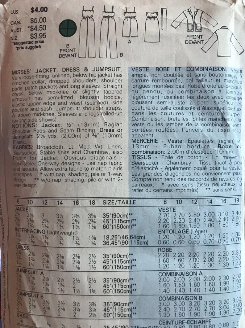 sz 14-18 uncut sewing pattern butterick 6553 jacket dress & jumpsuit