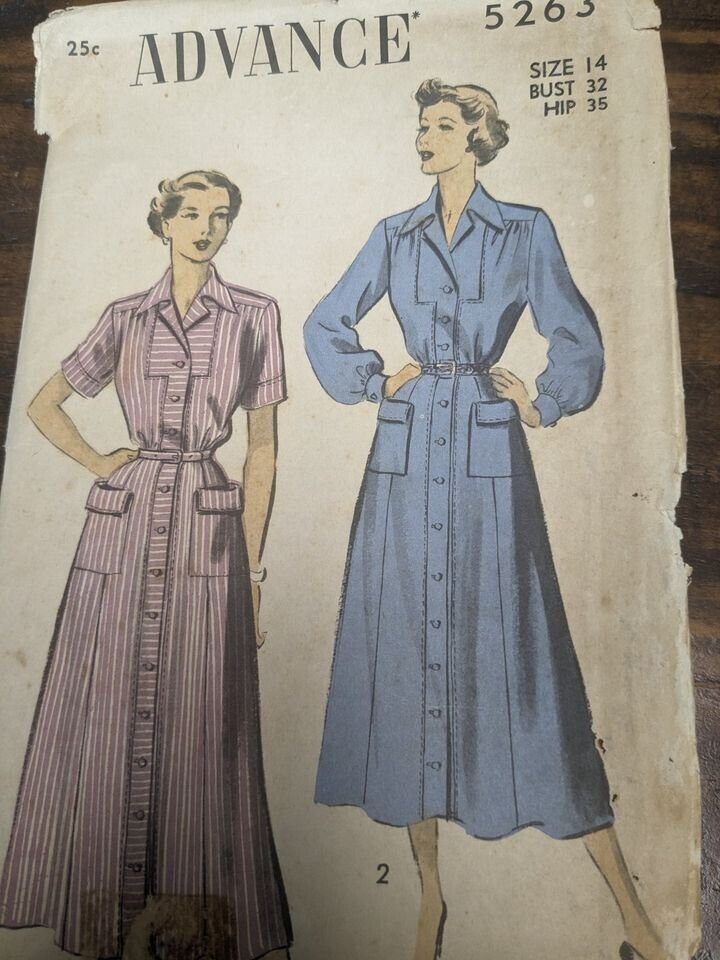1940S COMPLETE 14/B32 VINTAGE SEWING PATTERN ADVANCE 5263 PLACKET FRONT ...