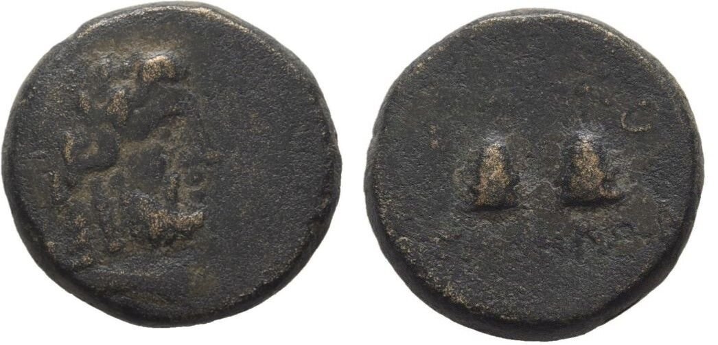 Rare Ancient Greece 1 Cent BC CARIA TABAI ZEUS PILOI STAR DIOSKOUROI