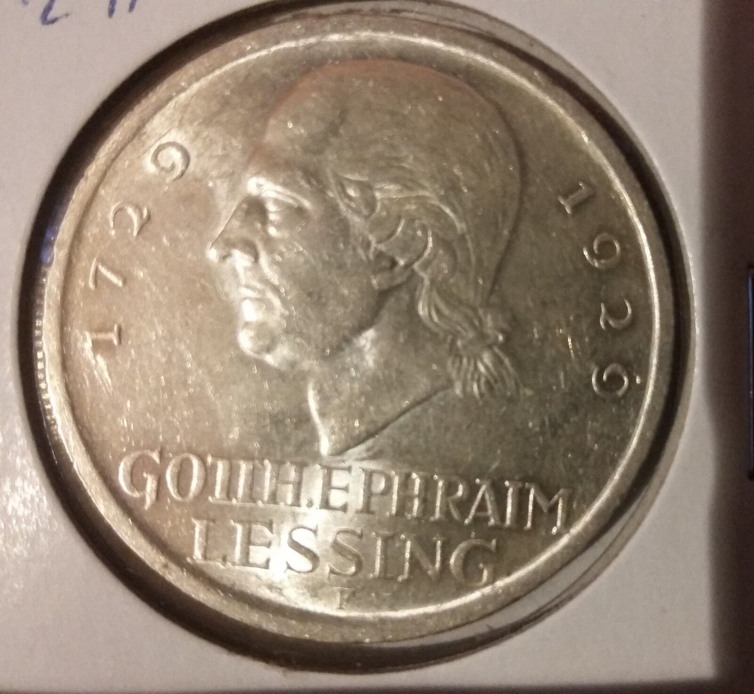 Rare 1929 F Germany Large Silver 5 marks-Lessing- Nice