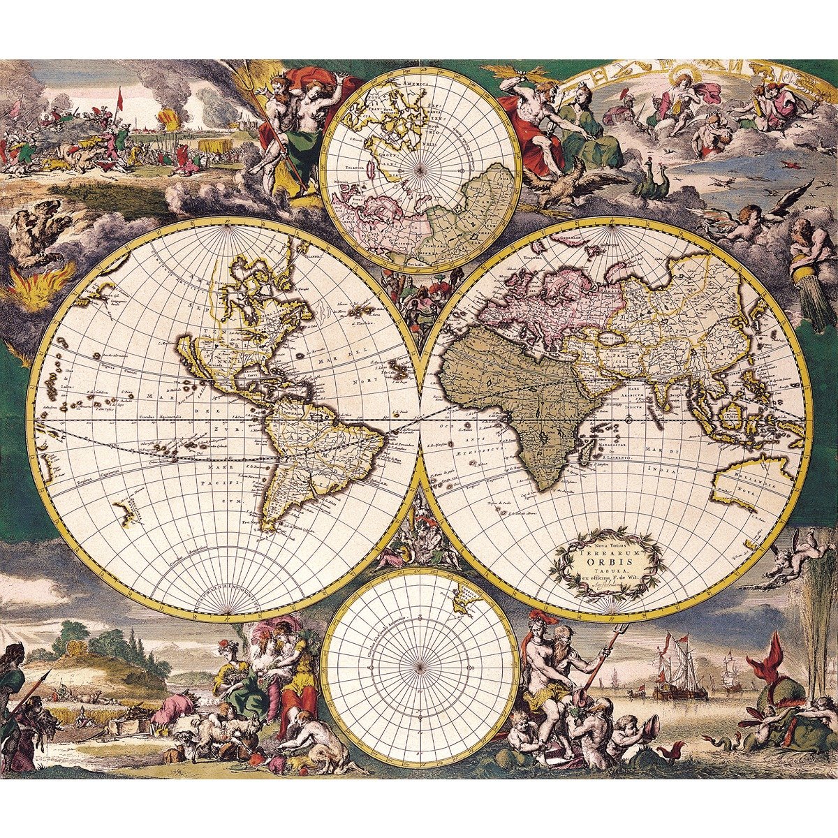 World Double Hemisphere Polar Map, Frederick De Wit 1668 - 30x40 Inch ...