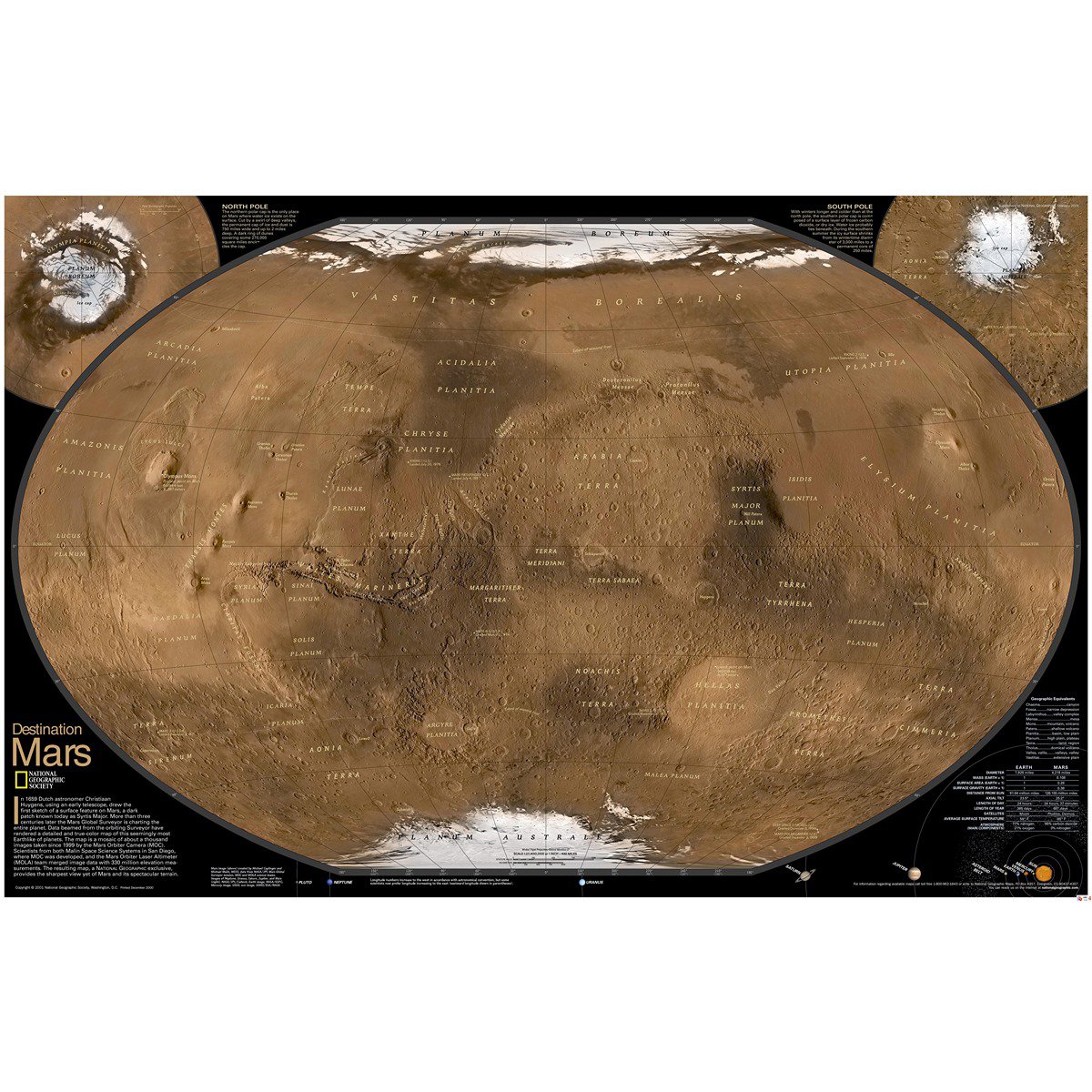 Mars World Map - 40x50 Inch Rolled Poster Wall Art Print