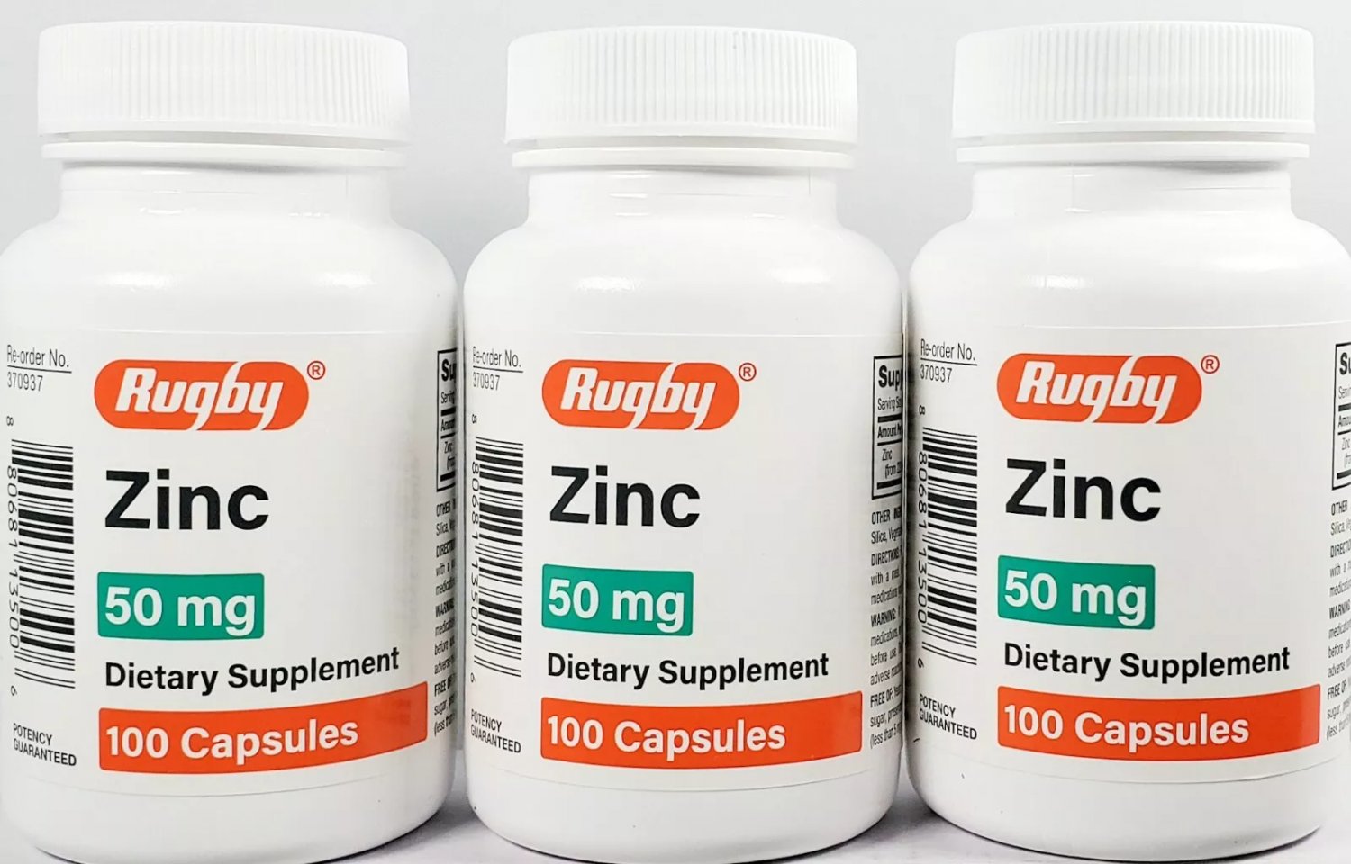 Rugby Zinc 50 mg (Zinc Sulfate 220mg) 100 Capsules -3 Pack