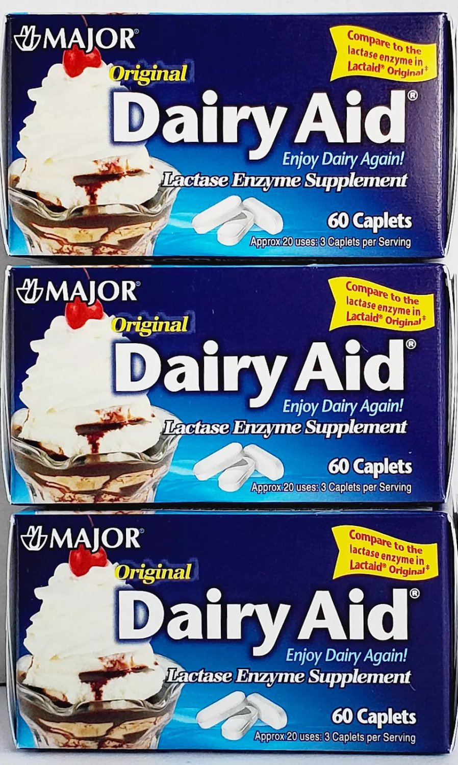 Major Dairy Aid Lactase Enzyme 60 Caplets (Generic Lactaid) 3 Pack