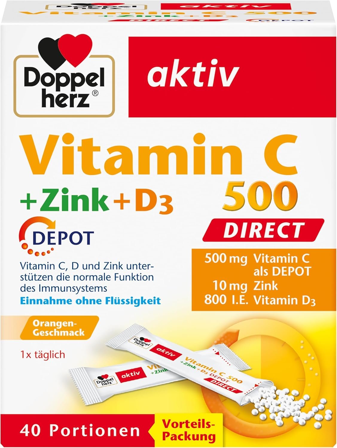 Doppelherz Vitamin C 500 + Zinc + D3 Direct Micro Pellets with Depot Effect