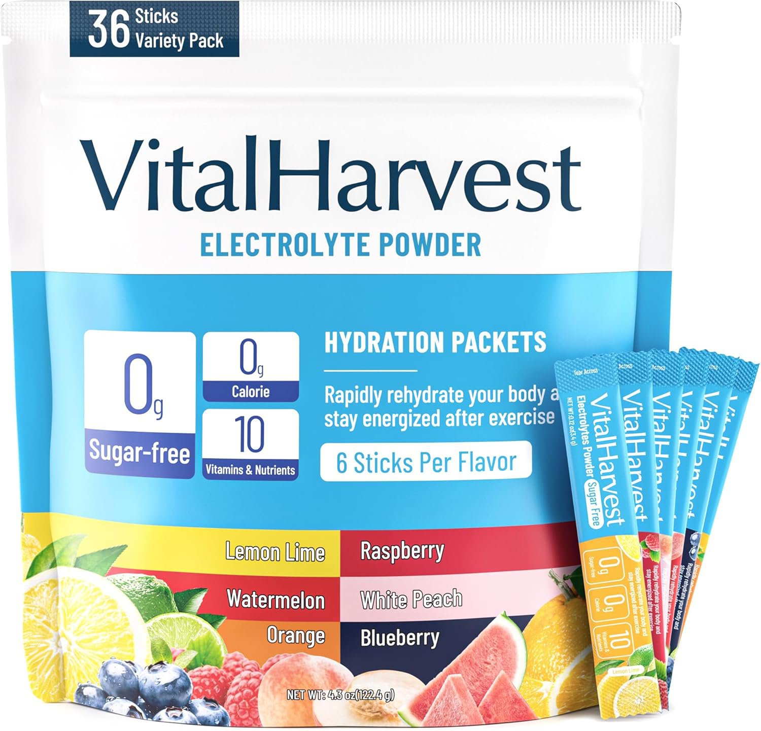VitalHarvest 36 Sticks Electrolytes Powder Packets 6 Flavors Sugar Free ...