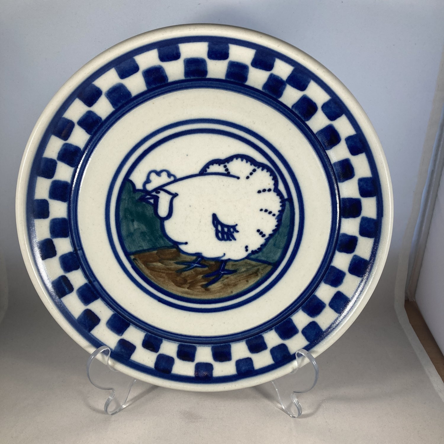 DEAN Folk Art Pottery 10" Plate Blue Checkered Chicken by Debbie Dean ...