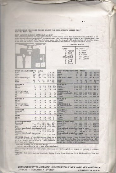 Vintage Sewing Pattern Junior Blouse Camisole Skirt Size 9-13 Butterick ...