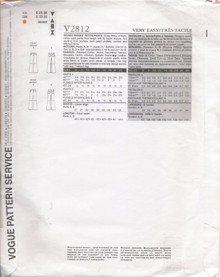 Misses' Low Rise Pants Sewing Pattern Size 18-22 Vogue 2812 UNCUT
