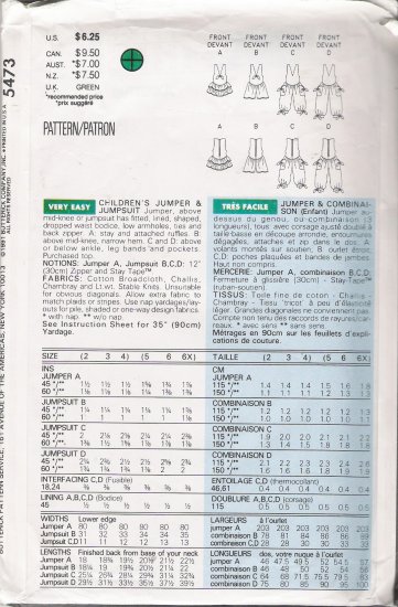 Children's Jumper & Jumpsuit Sewing Pattern Size 5-6x Butterick 5473 UNCUT