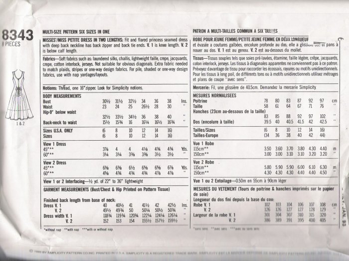 Misses' Dress Sewing Pattern Size 6-16 Simplicity 8343 UNCUT