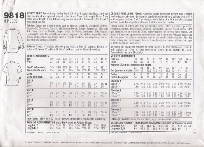 Misses' Shirt Sewing Pattern Size 12-16 Simplicity 9818 UNCUT