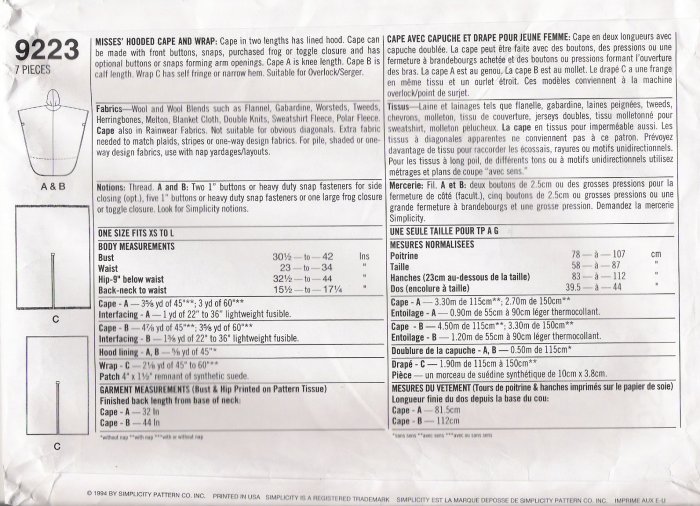 Misses' Cape & Wrap Sewing Pattern One Size Simplicity 9223 UNCUT