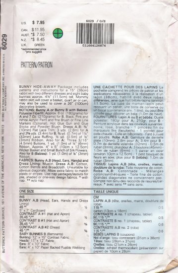 Bunny Hide-Away Sewing Pattern Butterick 6029 UNCUT