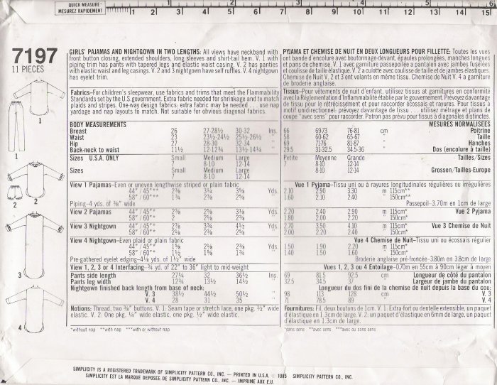 Girls' Pajamas & Nightgown Sewing Pattern Size 7 Simplicity 7197 UNCUT