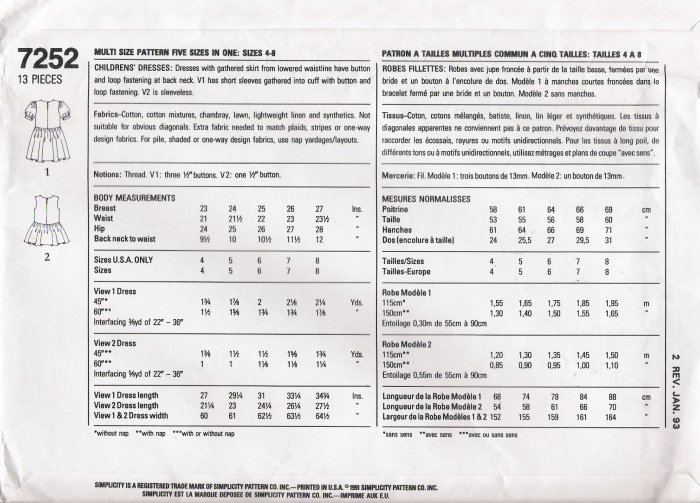 Children's Dress Sewing Pattern Size 4-8 Simplicity 7252 UNCUT