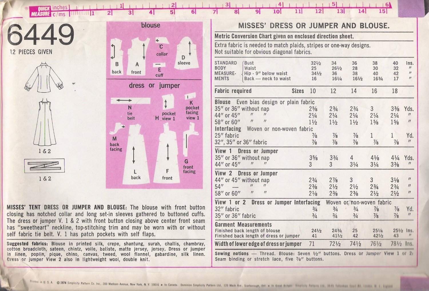 Vintage Sewing Pattern Misses' Tent Dress or Jumper & Blouse Size 18 ...