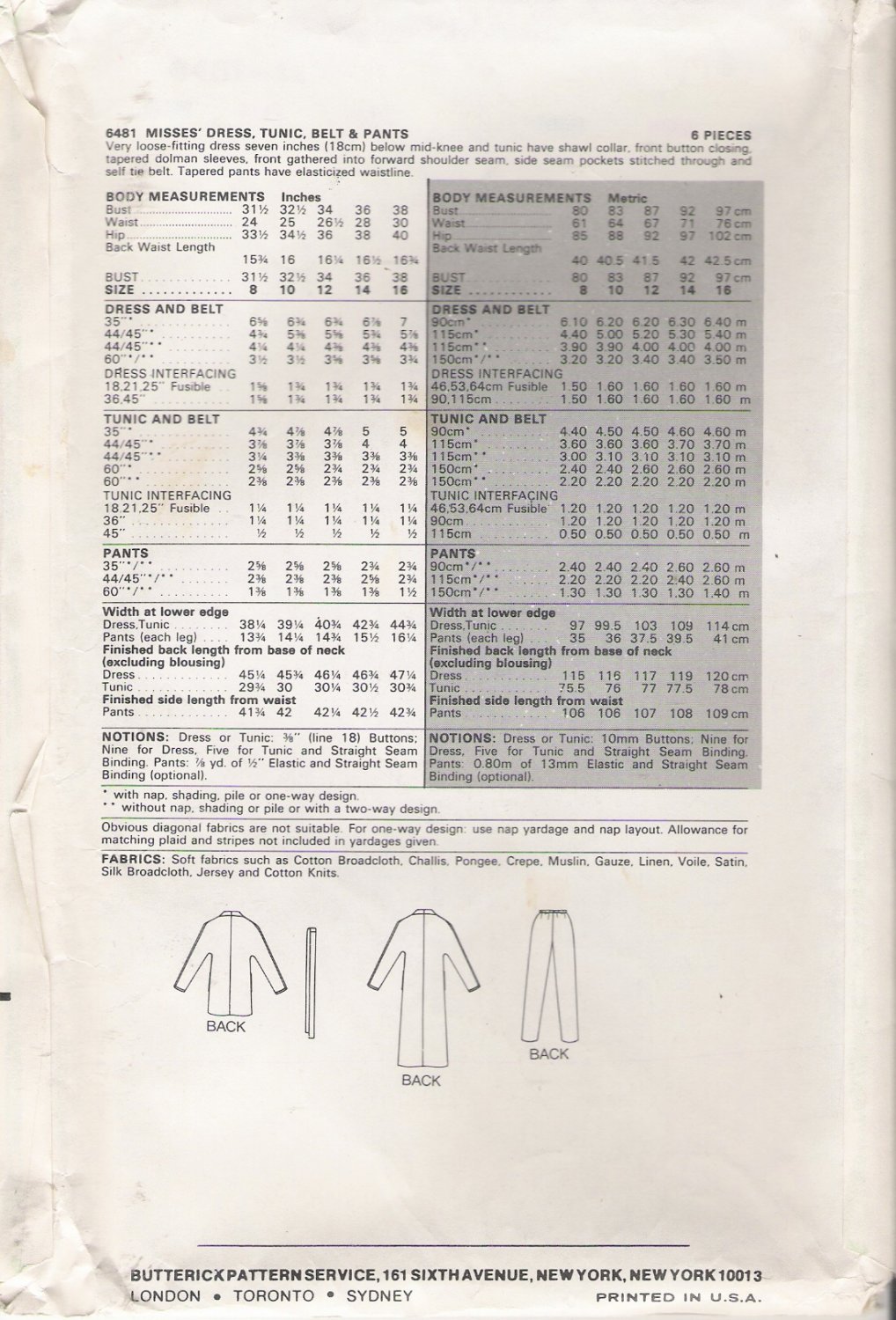 Vintage Sewing Pattern Misses' Dress Tunic Belt Pants Size 16 Butterick ...