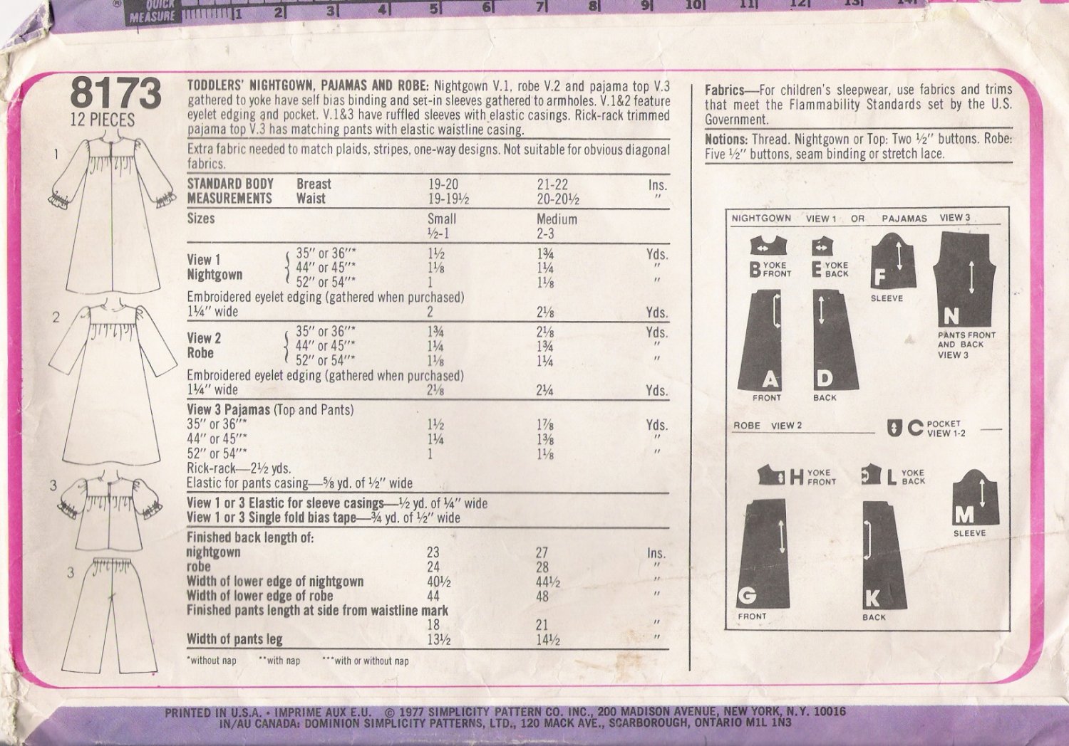 Vintage Sewing Pattern Toddlers' Nightgown Pajamas Robe Size 1/2-1 ...