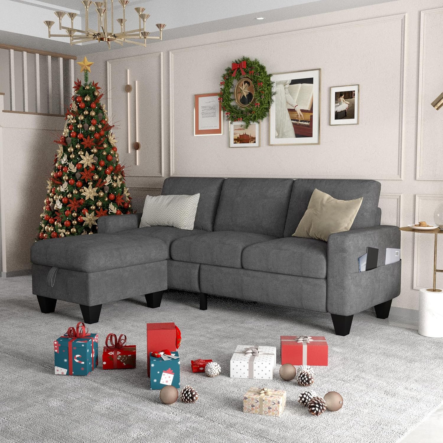 ZeeFu Convertible Sectional Sofa Couch, Grey Snowflake Velvet Modern 3-Seat