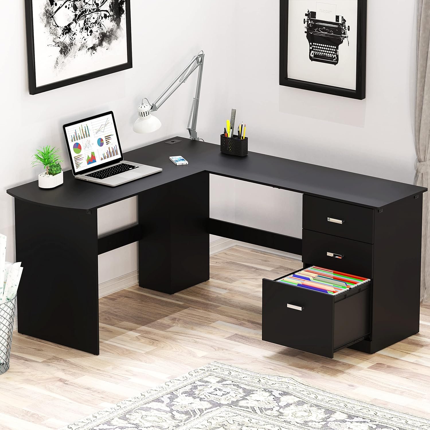 SHWL - Shaped Home Office Wood Corner Desk with 3 Drawer