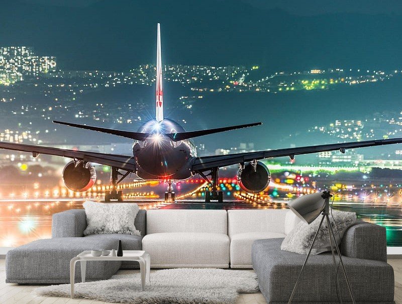 Wall Mural Airplane, Night Flight, Airport, Lights, Runway, Photo ...