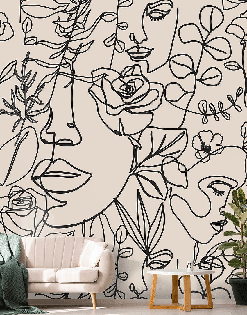 Wall Mural Line Art, Woman Face Drawing, Women Line, Photo Wallpaper ...
