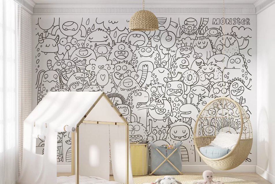 Wall Mural Coloring Pages, Funny Monsters, Photo Wallpaper for Kids ...