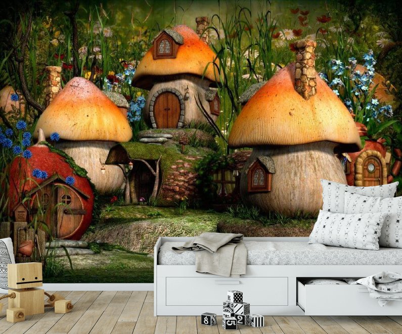 Kids Wall Mural Fairy Tale Mushroom Houses, Photo Wallpaper for Nursery ...