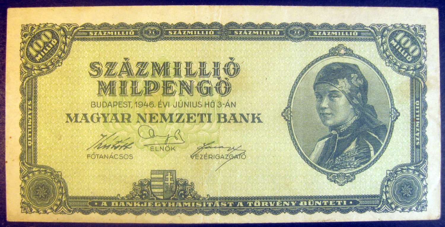 1946 Hungary 100,000,000,000,000 Mil Pengo (100 Trillion) Banknote ...