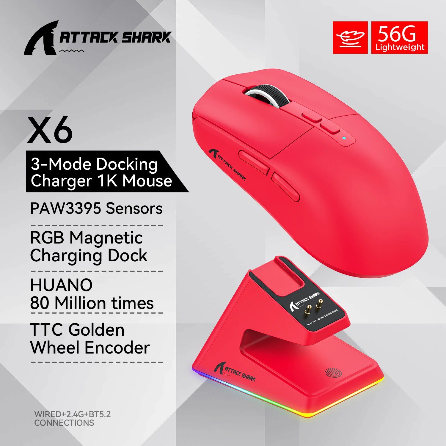 Red_Wireless Gaming Mouse Attack Shark X6 Bluetooth Tri-Mode Connection ...