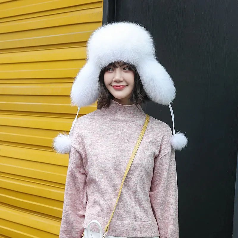 white_2024 100% Real Fox Fur Hats Women's Russian Ushanka Aviator ...