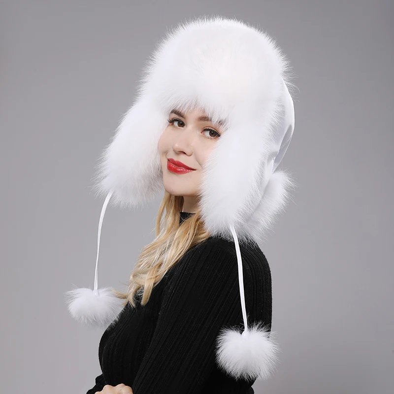 white_2024 100% Real Fox Fur Hats Women's Russian Ushanka Aviator ...