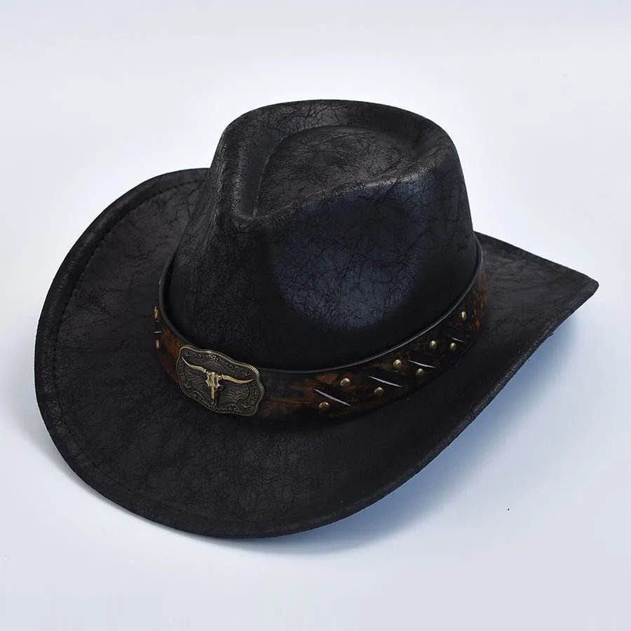 black_Men Women Western Cowboy Hats Faux Leather Vintage Gentleman Cowgirl Jazz Hats Sombrero Hombre