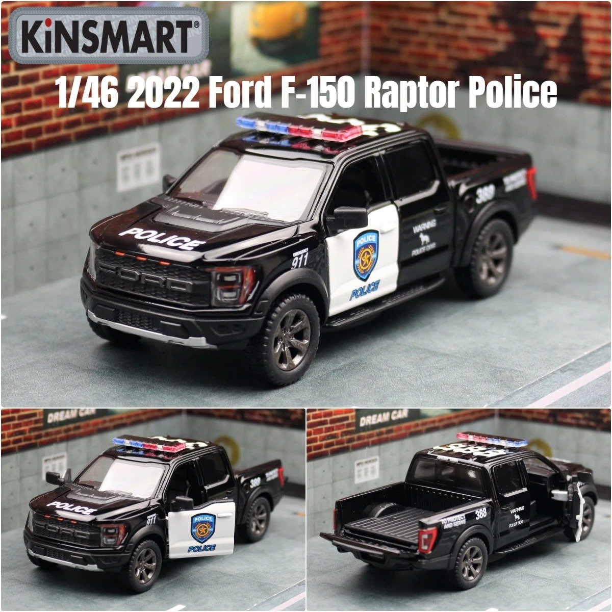 KiNSMART Toy Car Model 1/46 2022 Ford F-150 Raptor Police Truck Diecast ...
