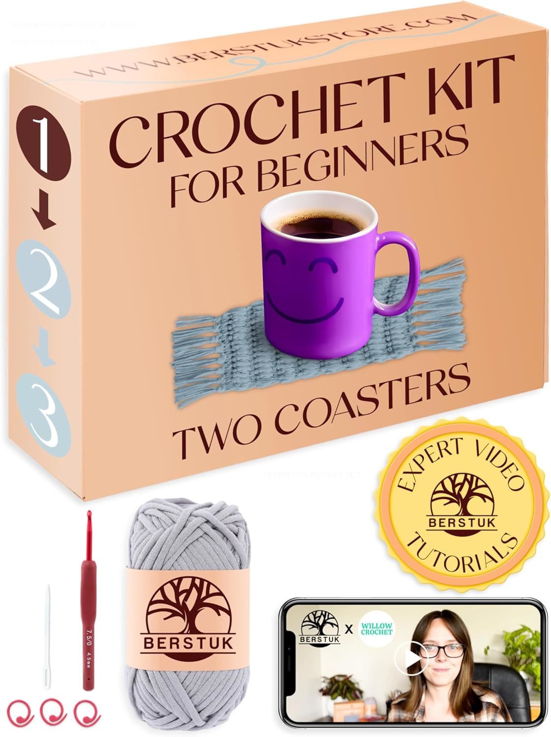 Level 1 Absolute Beginner Crochet Kit for Adults Starter f