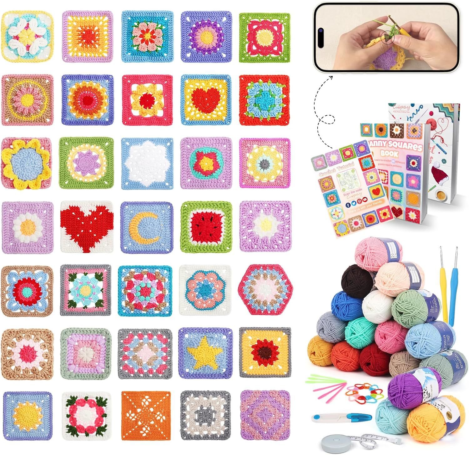 Coopay Granny Square Card Deck Crochet Kit for Beginners, Starter Kit, C