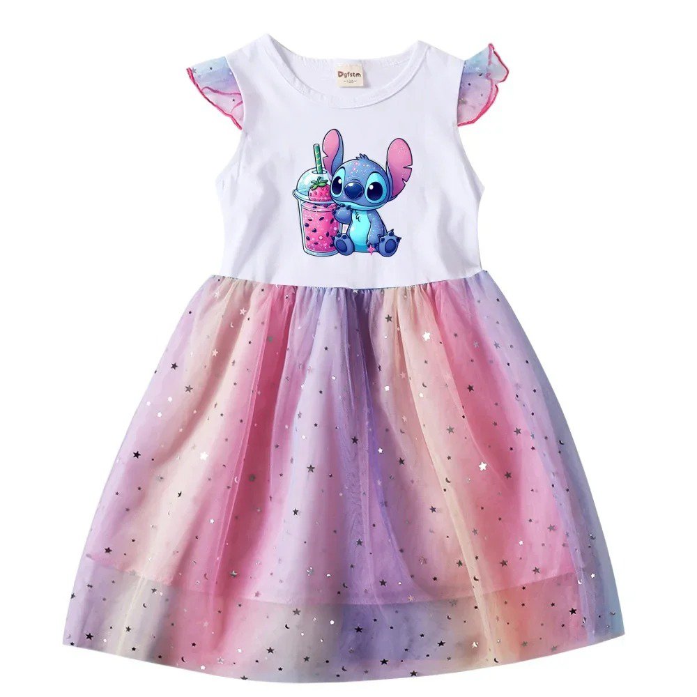 Disney Lilo and Stitch Girls Mesh Dress Kids Party Summer Short Sleeve ...