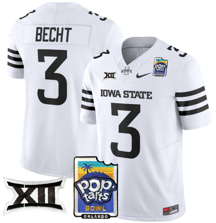 Rocco Becht Jersey #3 Iowa State 2025 PopTarts Bowl Patch White Limited