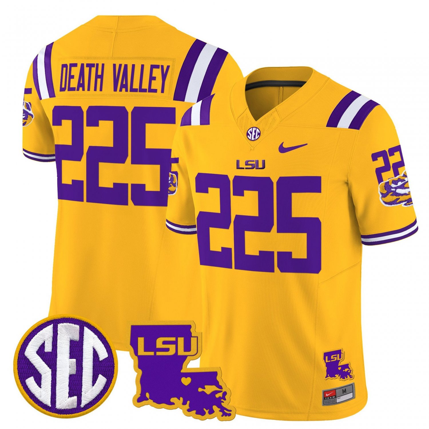 Death Valley Jersey #225 LSU Tigers 2025 Louisiana Patch Stitched Gold