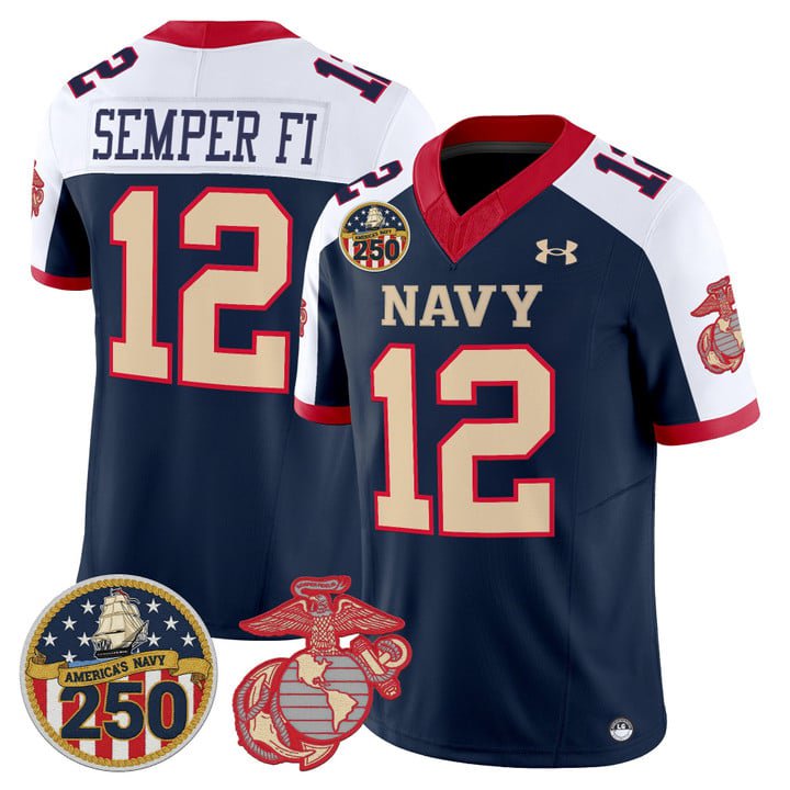Semper Fi Jersey #12 Navy Midshipmen USMC 250th Patch Stitched Navy Alter