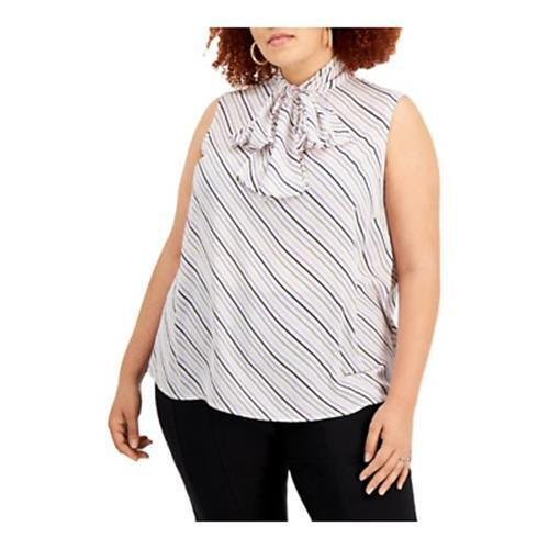 Bar III Plus Size Bias Striped Tie-Neck Tank White 1X