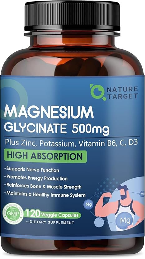 NATURE TARGET Magnesium Glycinate 500mg, Chelated Magnesium with Zinc ...
