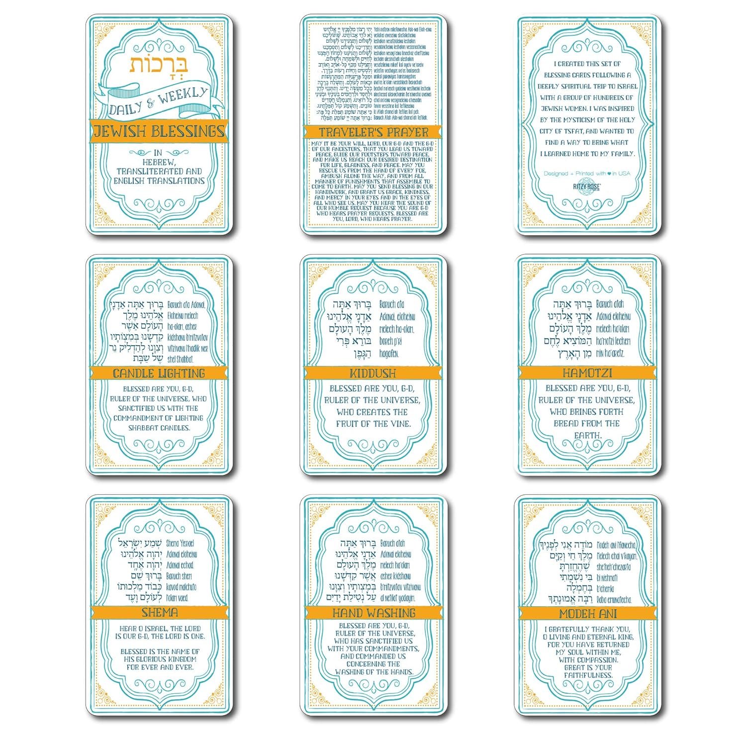 7 Jewish Prayer Hand Held Cards - Essential Hebrew Translations