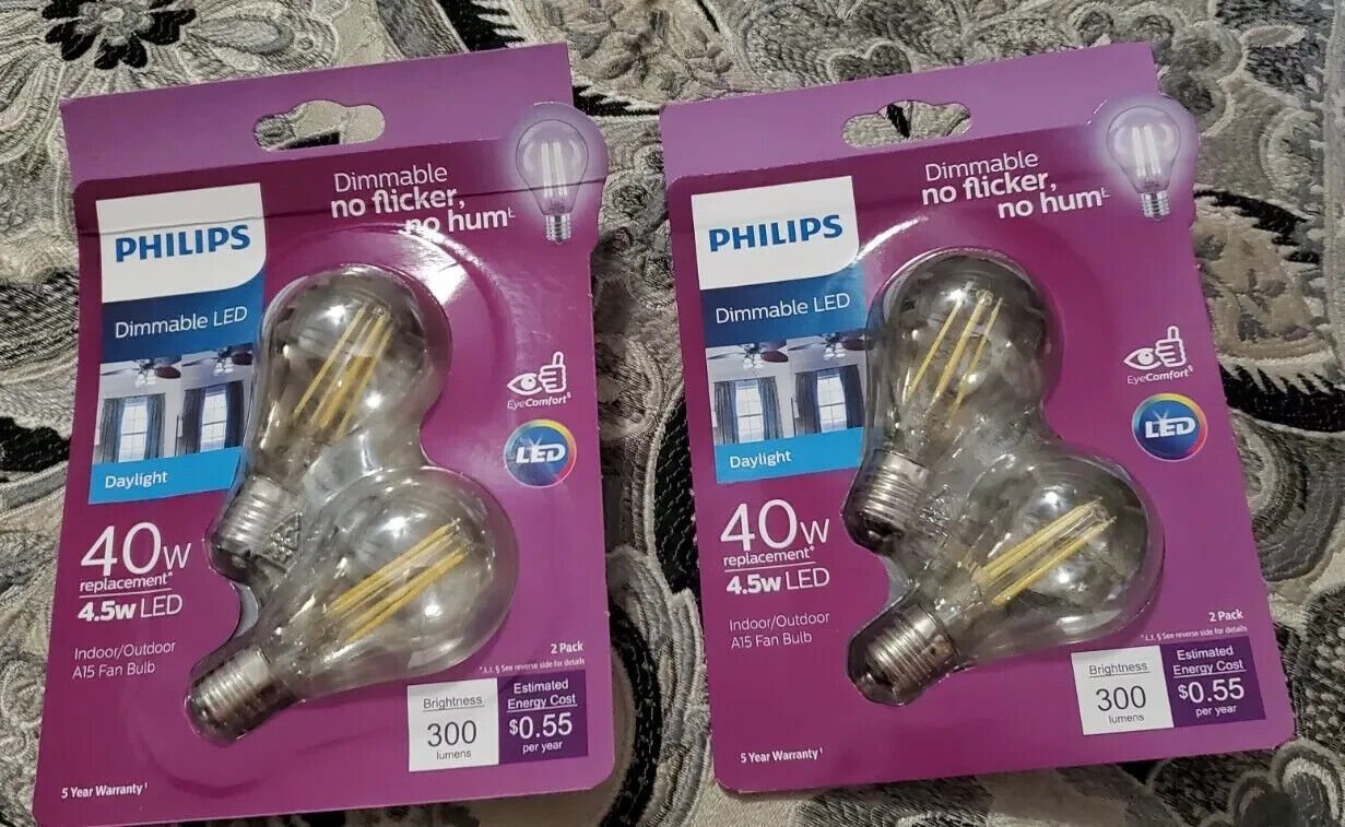 4 Philips Dimmable LED Daylight Fan Bulbs, 40W A15 5000K 300 lumens