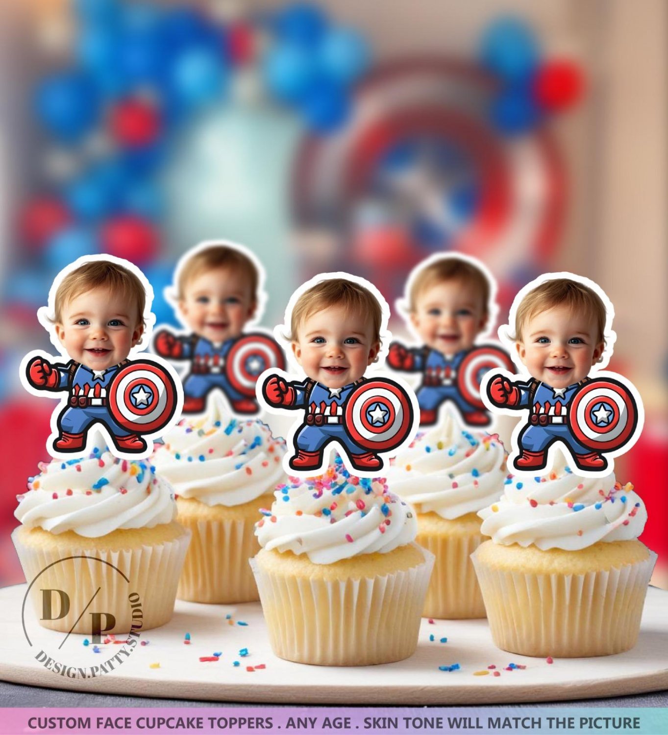 Captain America Cupcake Toppers - Face cupcake topper -Custom Face ...