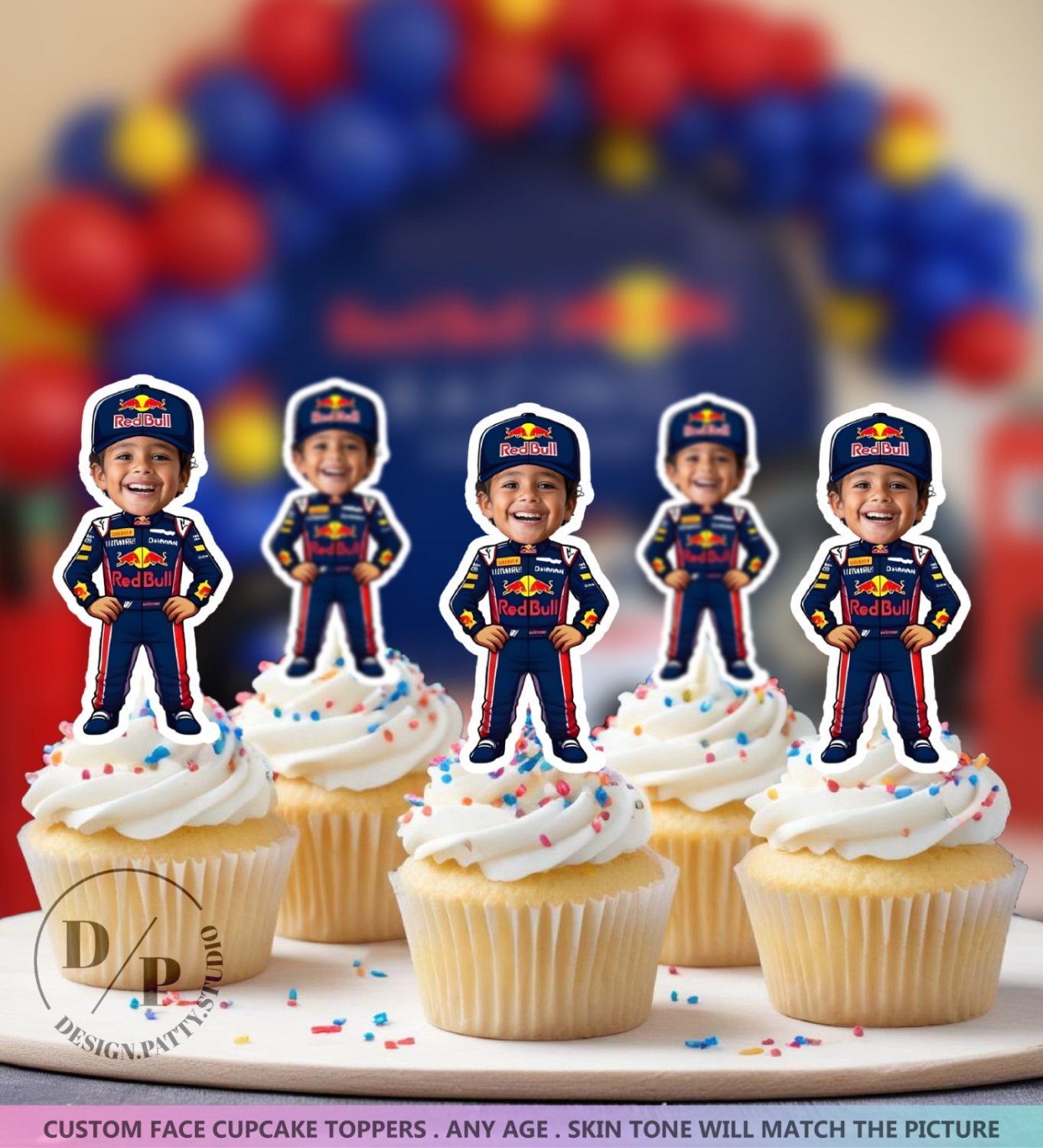 F1 Car Racing Cupcake Toppers - Red Bull cupcake topper -Custom Face ...