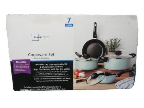 Mainstays 7 Piece Non-Stick Cookware Set Aluminium Mint, Dishwasher Safe